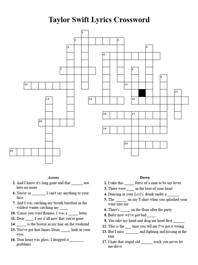 Taylor Swift Lyrics Crossword | PDF | Taylor Swift | Songs Written