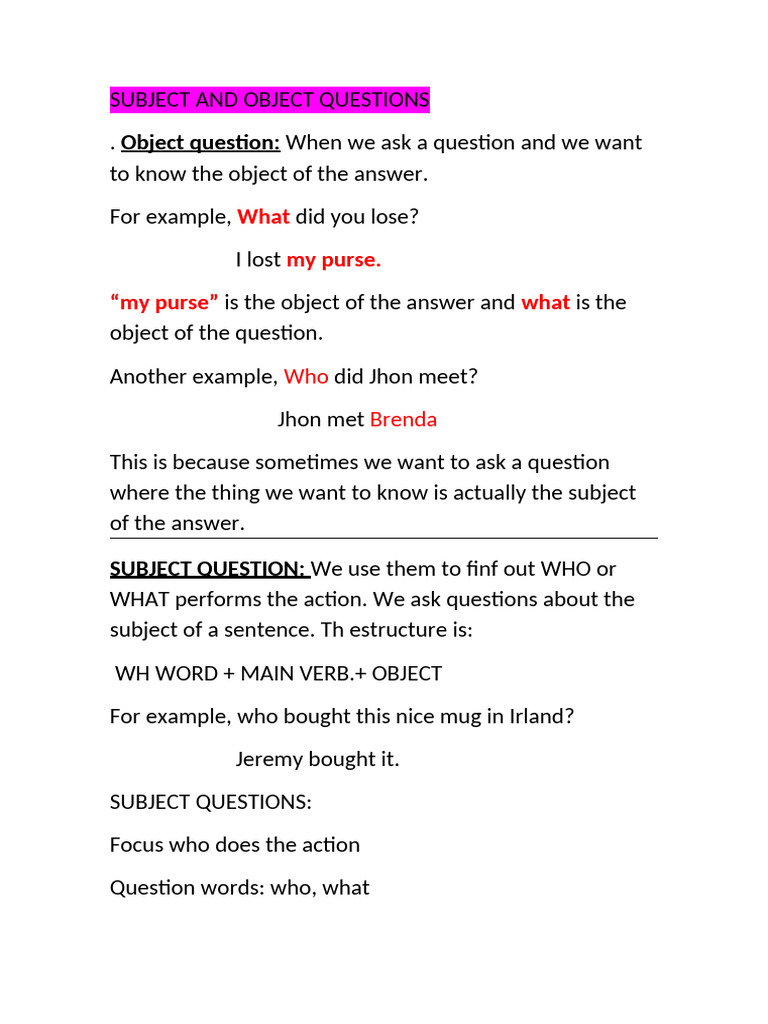 Subject and Object Questions | PDF