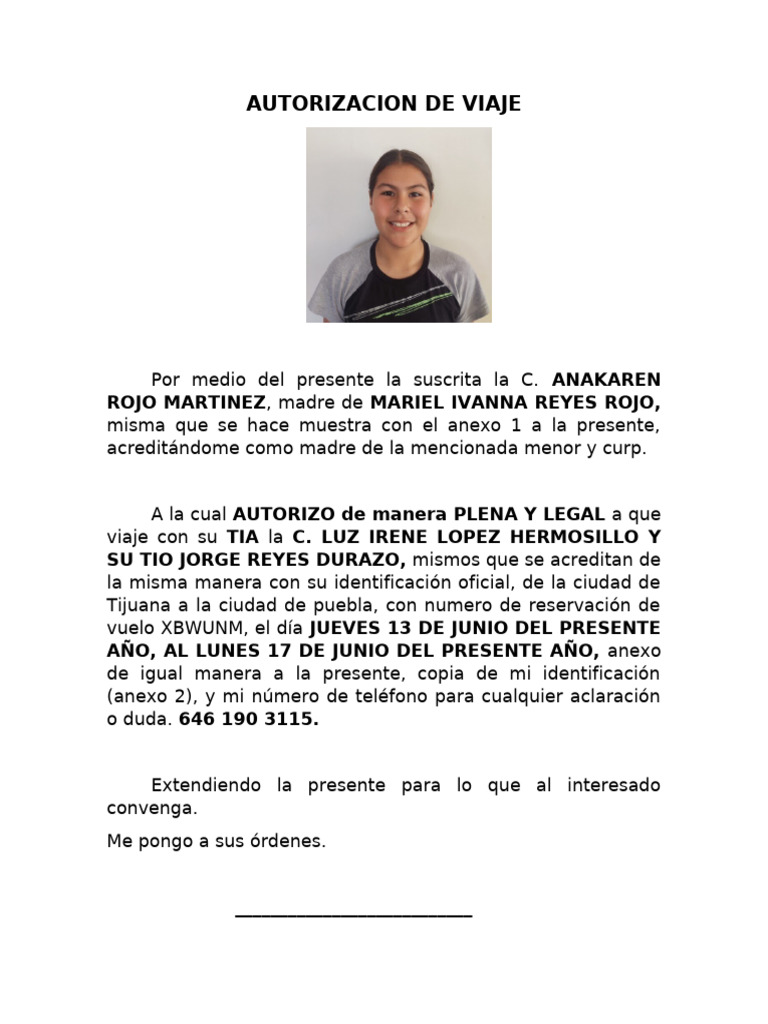 Autorizacion Viaje Mariel Ivana | PDF