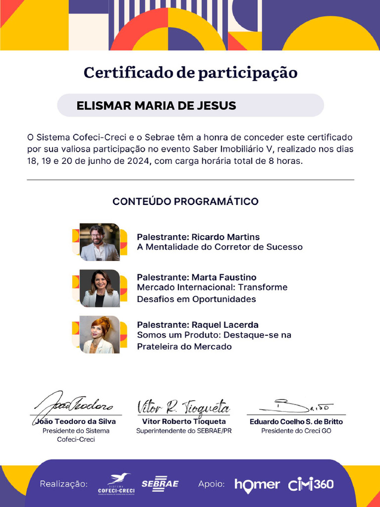 Certificado ELISMAR MARIA de JESUS (Saber Imobiliario) | PDF