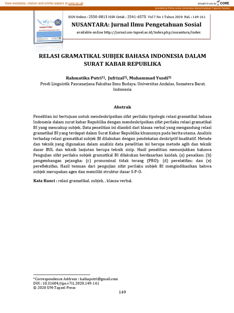 Relasi Gramatikal Subjek dalam BI | PDF