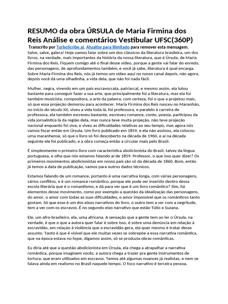 RESUMO da obra ÚRSULA de Maria Firmina dos Reis Análise e comentários Vestibular UFSC(360P ...
