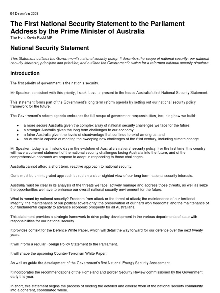 The National Security Strategy of Australia (2008) | PDF | National ...