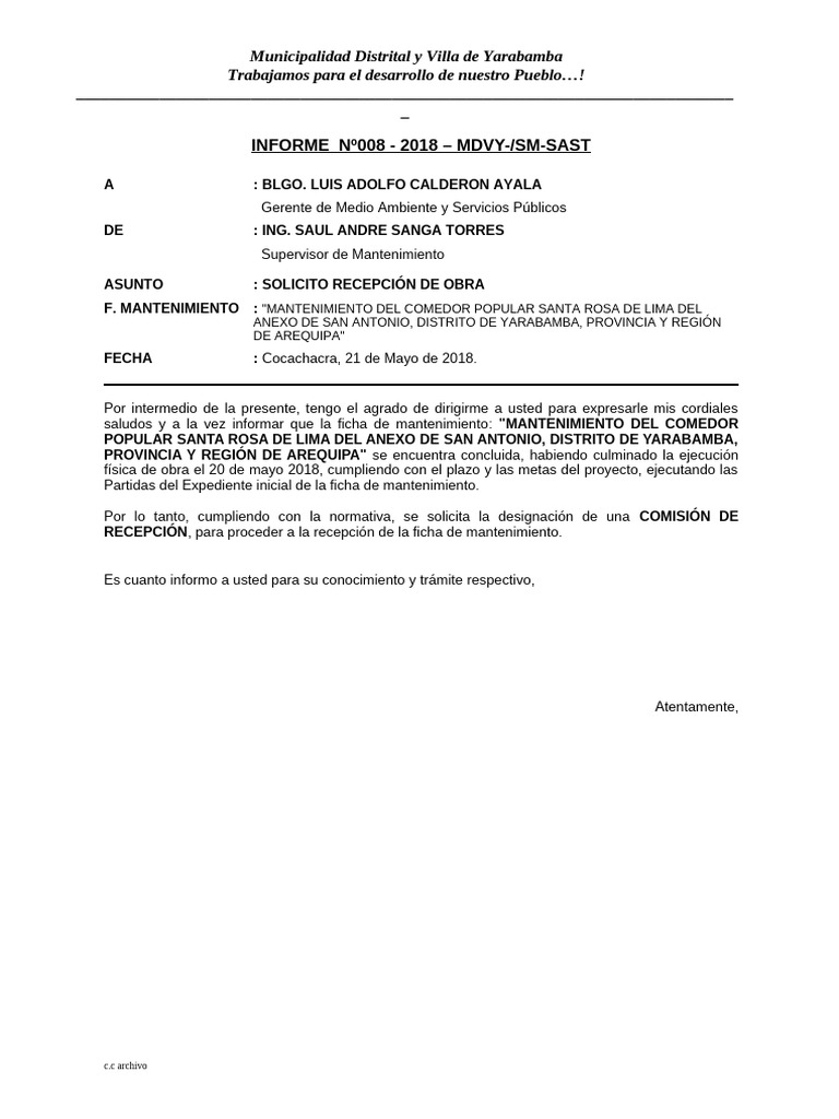 Informe 008 Recepción de Obra | PDF