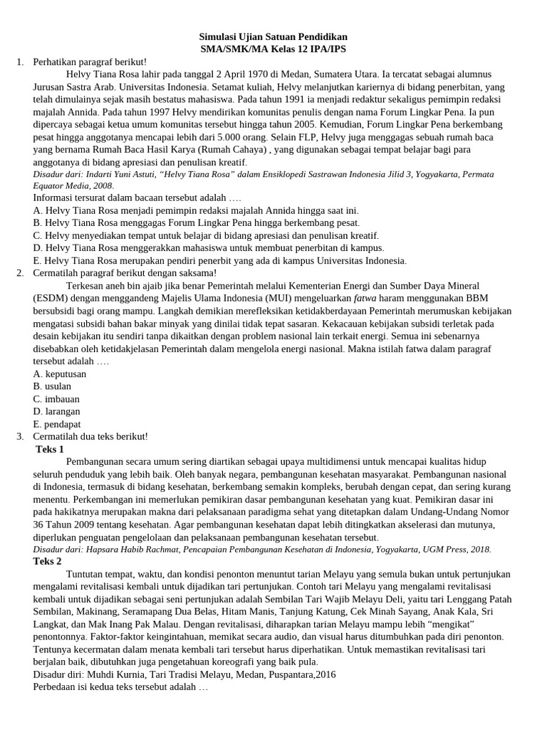 Simulasi Ujian Satuan Pendidikan 060324 | PDF