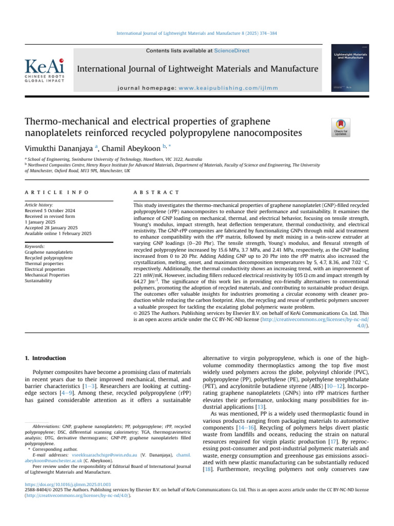 Thermo-Mechanical and Electrical Properties of Graphene Nanoplatelets Reinforced Recycled ...