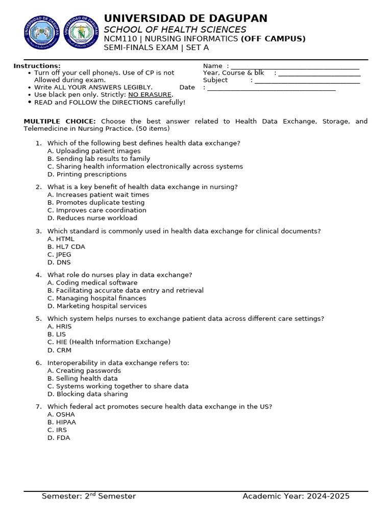 NCM110 - Semi-Finals Exams 12425 Bsn-Nursing-Info. | PDF | Electronic Health Record | Health ...