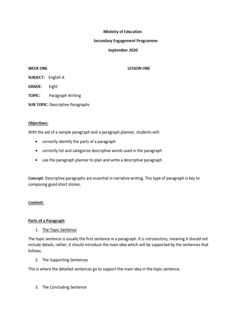 Grade 8 English Language Week 1 Lesson 1 | PDF | Paragraph | Cognition