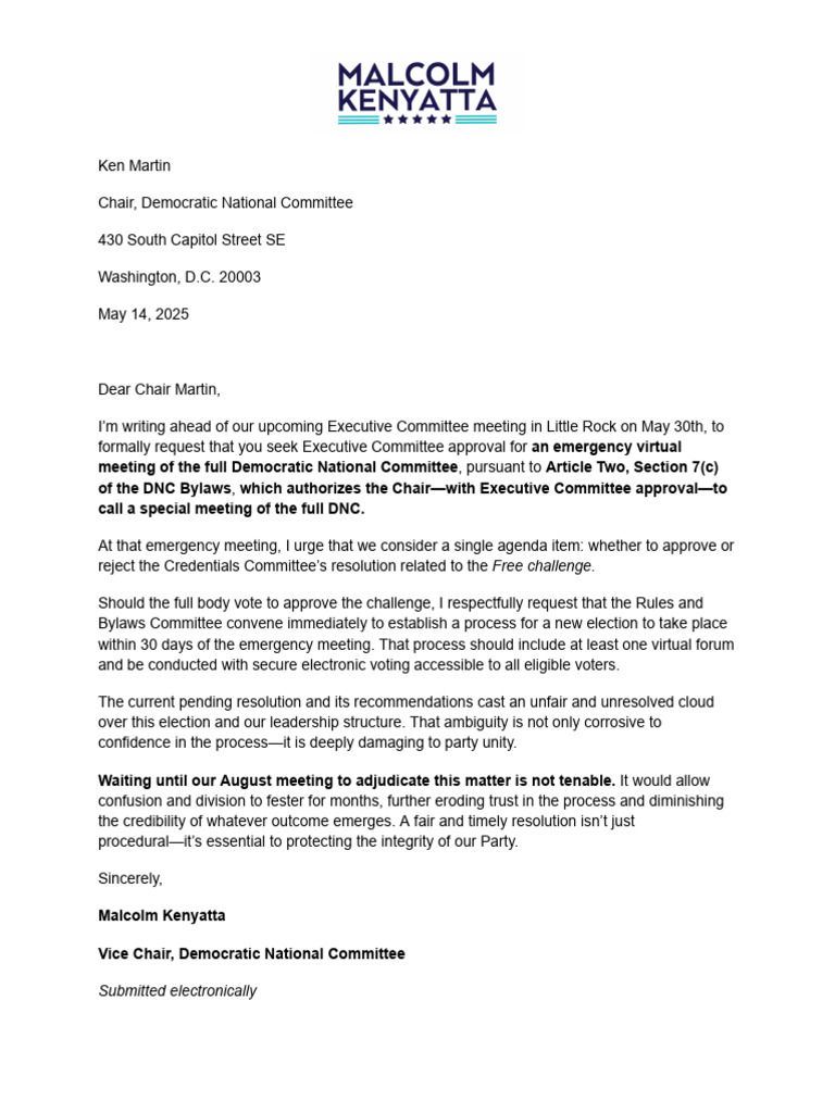 DNC Vice Chair Malcolm Kenyatta Letter To Chair Ken Martin | PDF