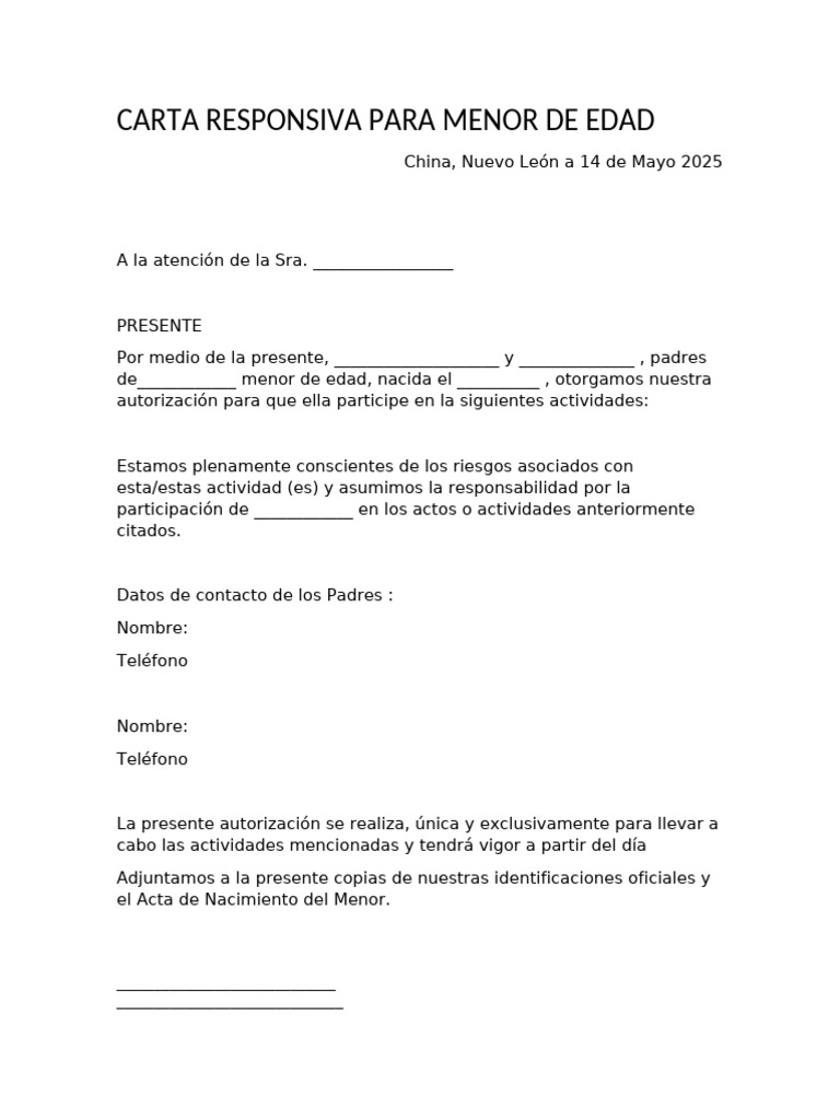 Carta Responsiva para Menor de Edad | PDF