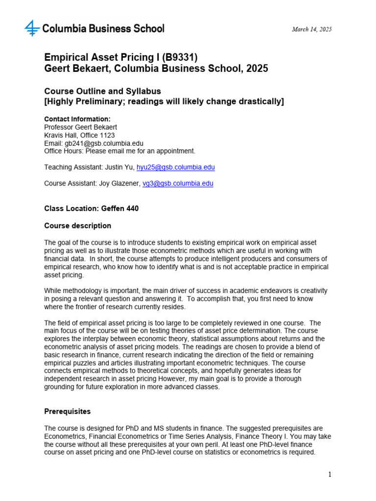 B9331 - Empirical Asset Pricing - Syllabus (March 14 - Latest, From ...