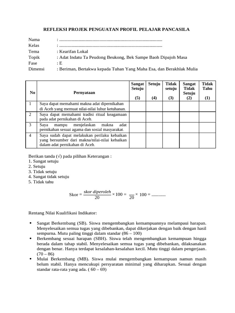 Refleksi P5 Tema Kearifan Lokal | PDF