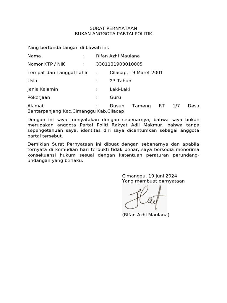 Surat Pernyataan Bukan Anggota Partai Politik Rifan | PDF