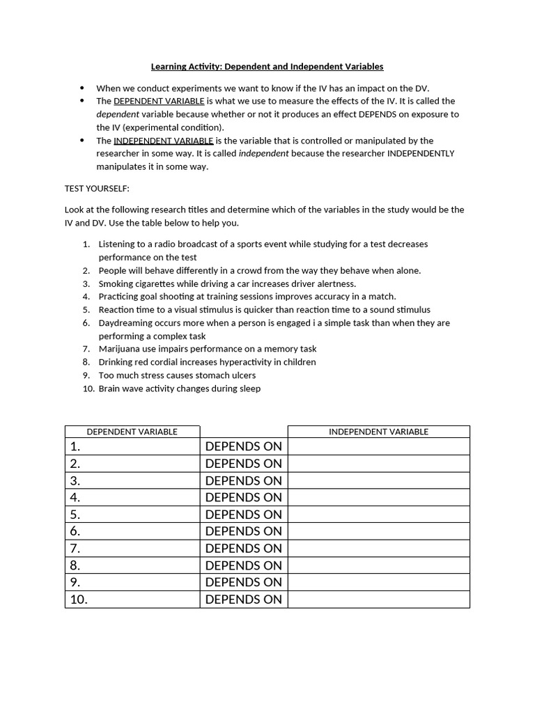 Learning Activity IV DV HANDOUT | PDF