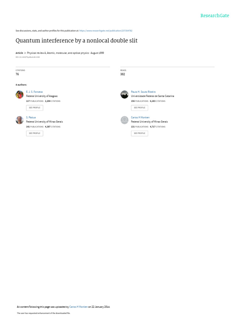 Quantum - Interference - by - A - Nonlocal - Double - Slit, Fonseca 1999 | PDF | Interferometry ...