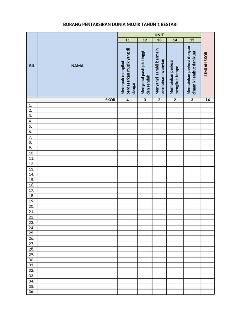 Borang Pentaksiran Dunia Muzik Tahun 1 Bestari | PDF