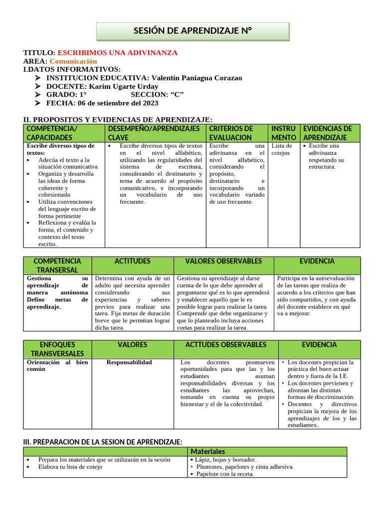 Escribimos Adivinanzas | PDF | Aprendizaje | Evaluación