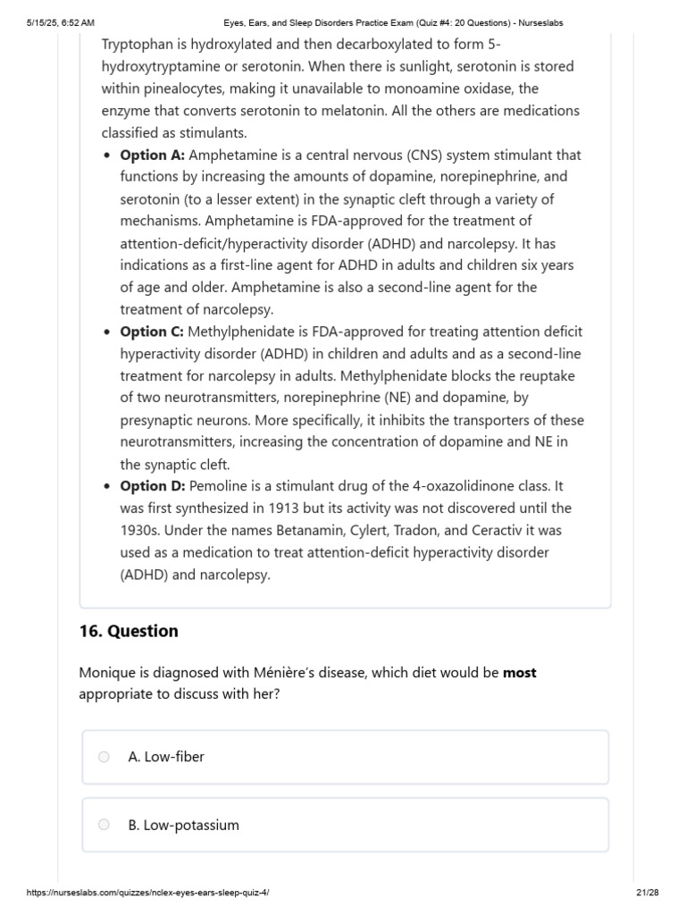 EENT Quiz #4 Nurseslabs | PDF | Ménière's Disease | Neurotransmitter