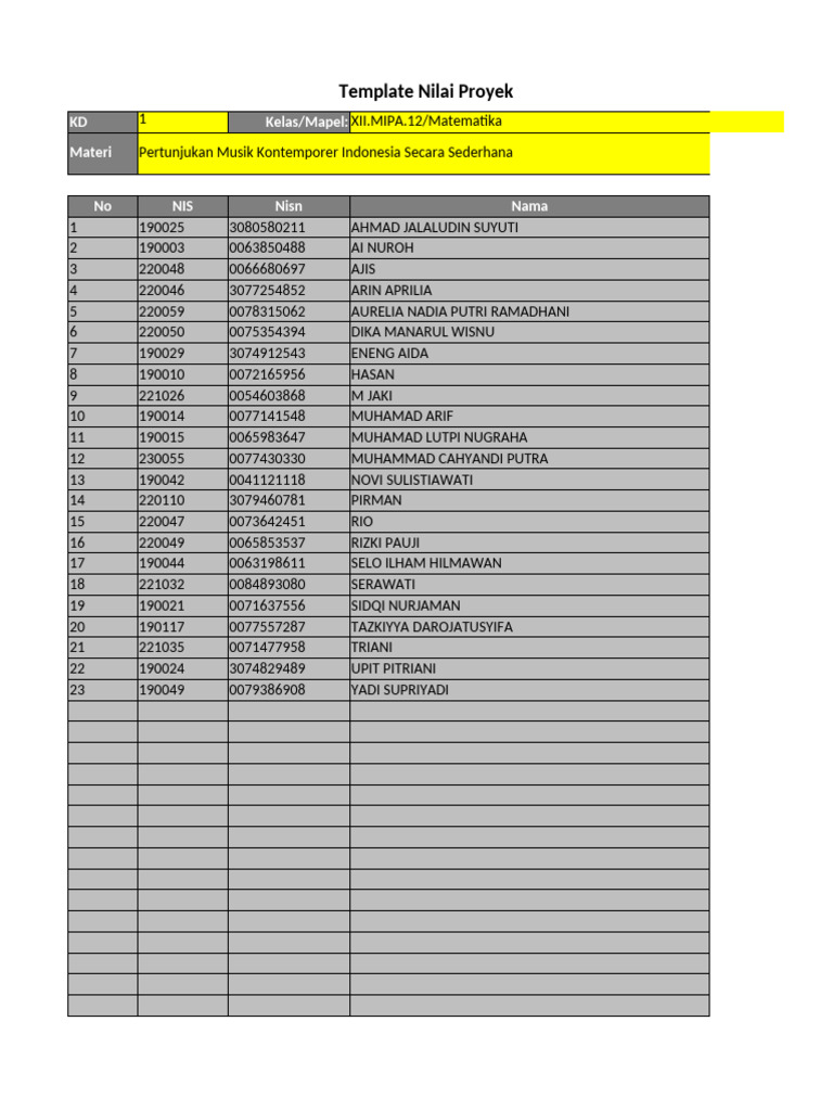 Template Nilai Proyek XII - Mipa.12 SENBUD | PDF