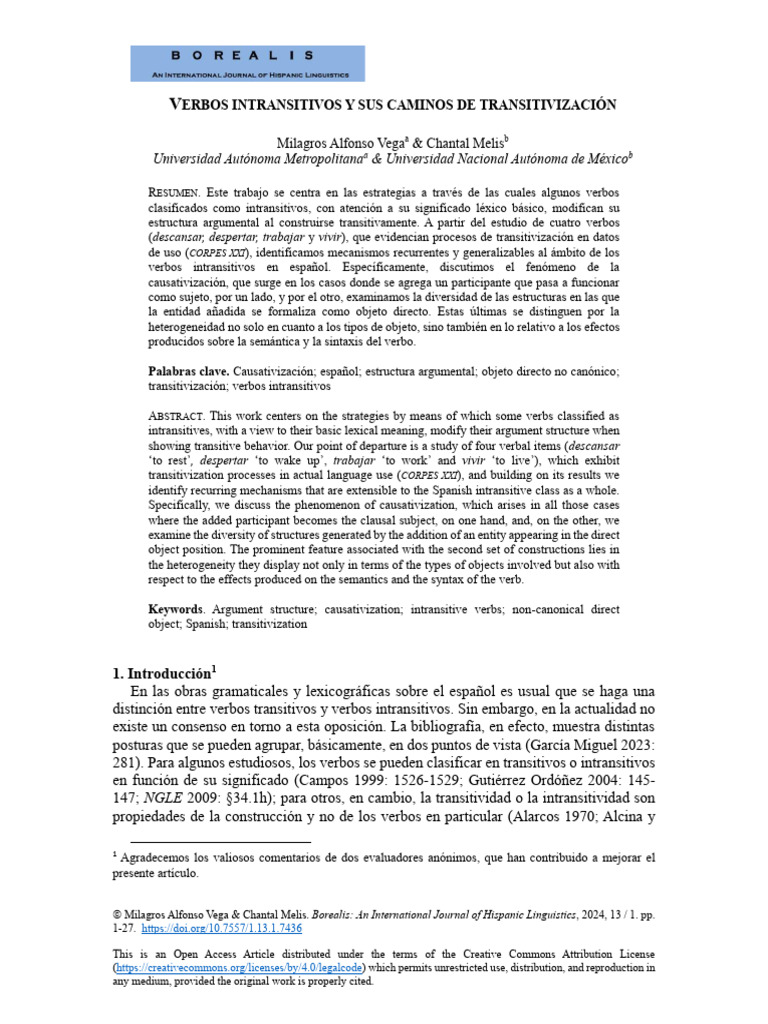 VERBOS INTRANSITIVOS Y SUS CAMINOS DE TRANSITIVIZACIÓN | PDF | Verbo ...