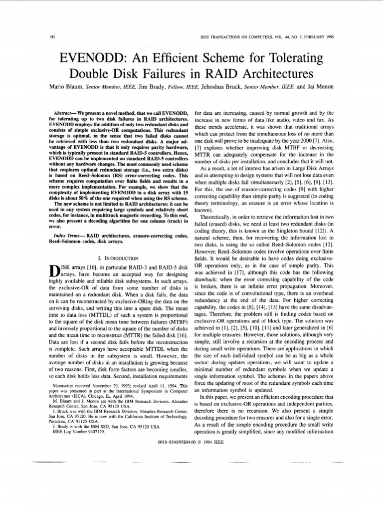 Blaum 等 - 1995 - EVENODD an Efficient Scheme for Tolerating Double Disk Failures in RAID ...