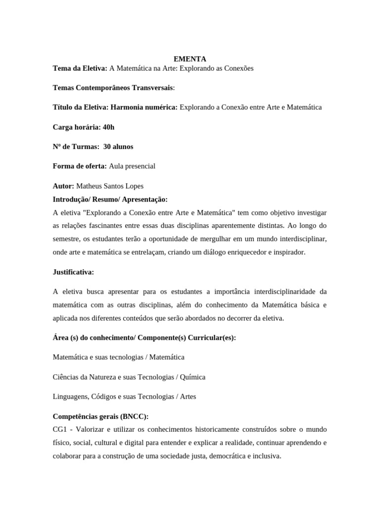 Ementa Eletiva Matemática e Arte | PDF | Matemática | Science