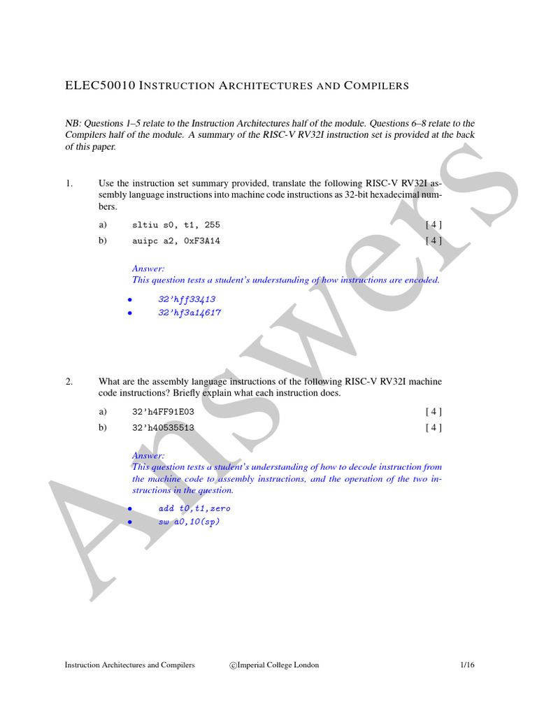 ELEC50010 Instruction Architectures and Compilers - Solutions | PDF | Cpu Cache | Control Flow
