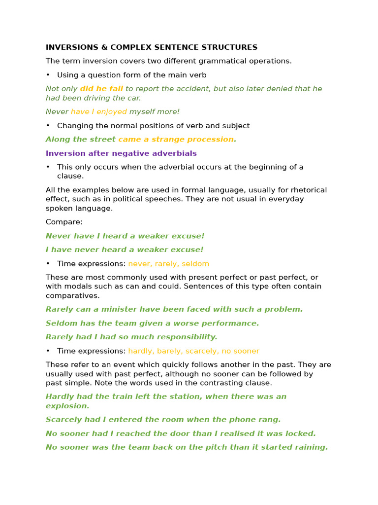 Inversions & Complex Sentences | PDF | Sentence (Linguistics) | Verb