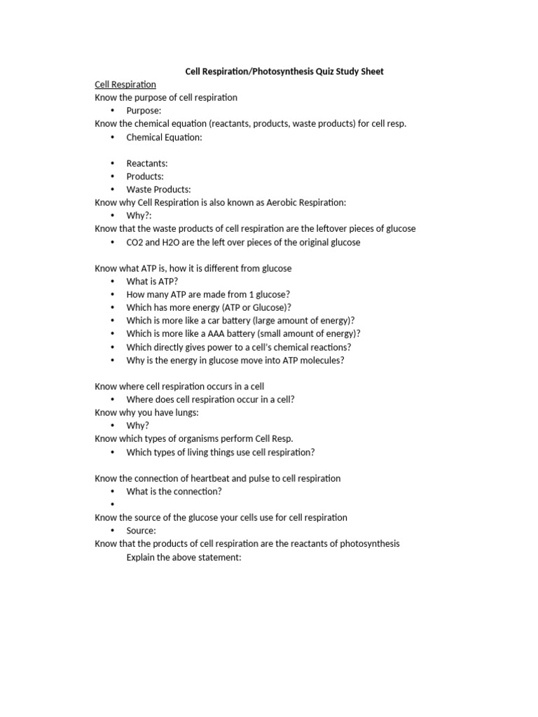 Cell+RespirationPhotosynthesisREVIEW+for+Test | PDF | Cellular ...