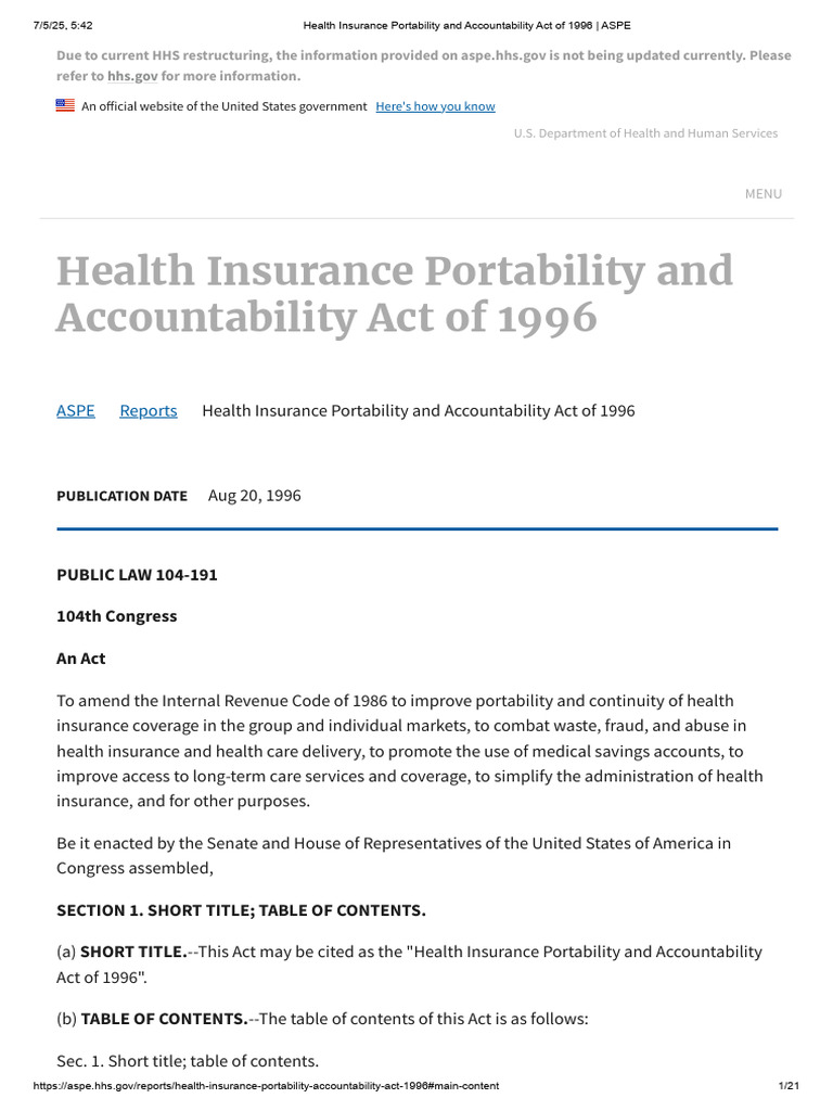 HIPAA - Health Insurance Portability and Accountability Act of 1996 - ASPE | PDF | Health ...