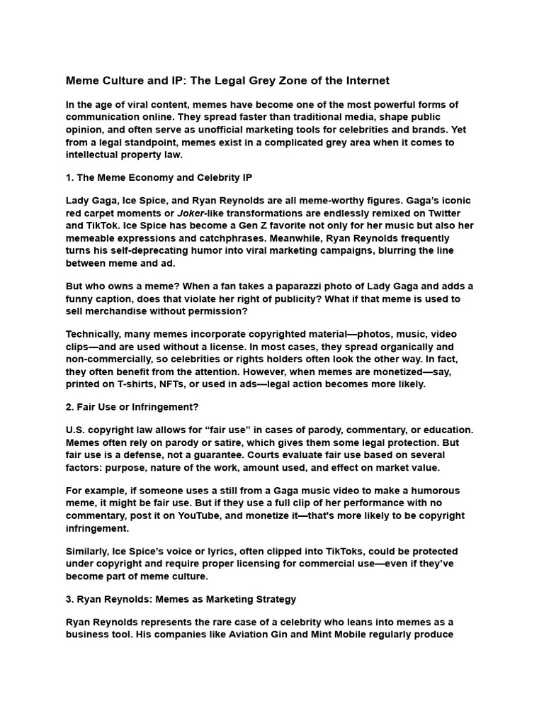 Meme Culture and IP_ The Legal Grey Zone of the Internet | PDF | Fair ...