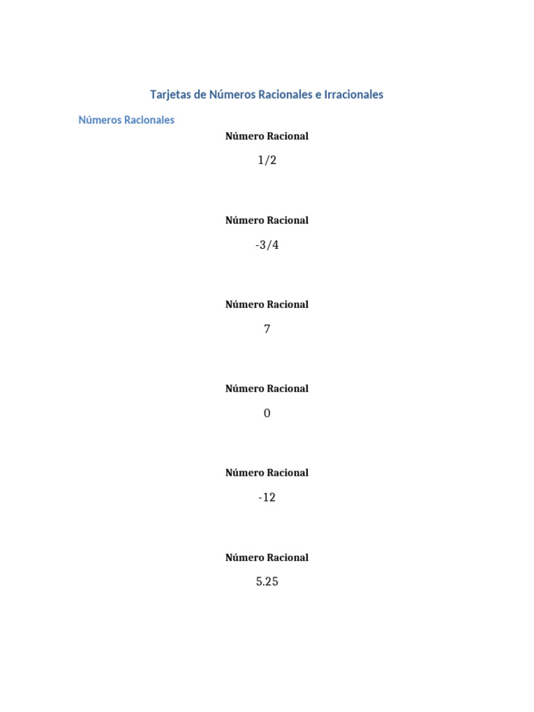 Tarjetas de Números Racionales e Irracionales | PDF