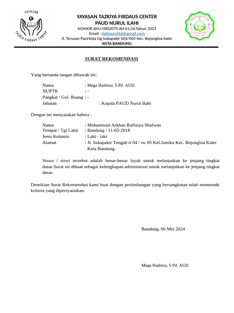 Surat Rekomendasi Caca | PDF