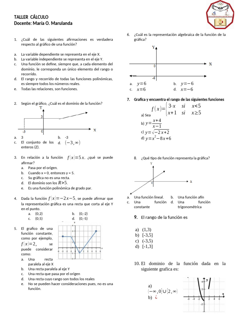 Taller Dominio Rango de Funciones) | PDF | Función (Matemáticas ...
