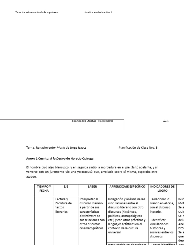Planificación de Clase. Cuento A La Deriva de Horacio Quiroga | PDF ...