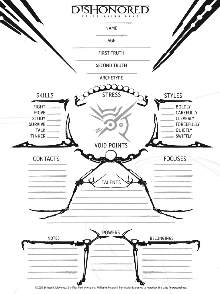 Dishonoured Character Sheet | PDF