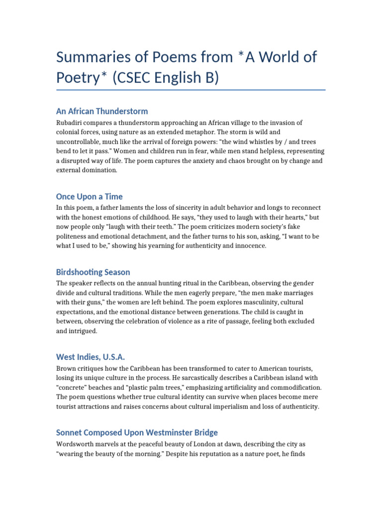 CSEC English B: Poetry Summaries | PDF