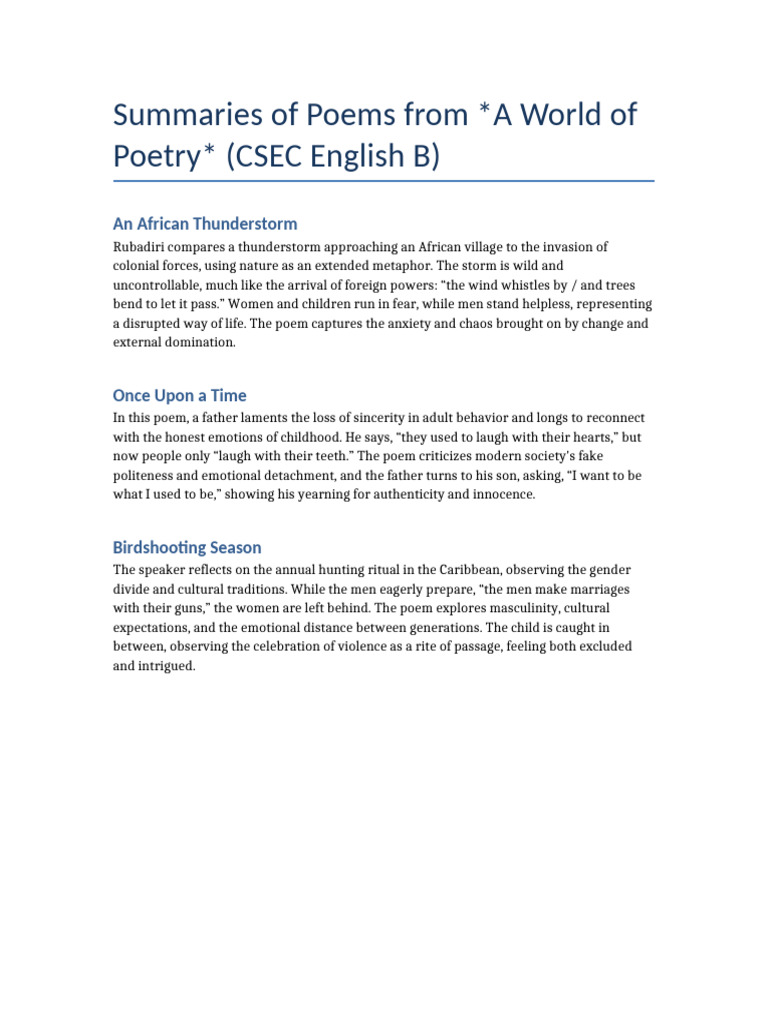 A World of Poetry CSEC Summaries | PDF