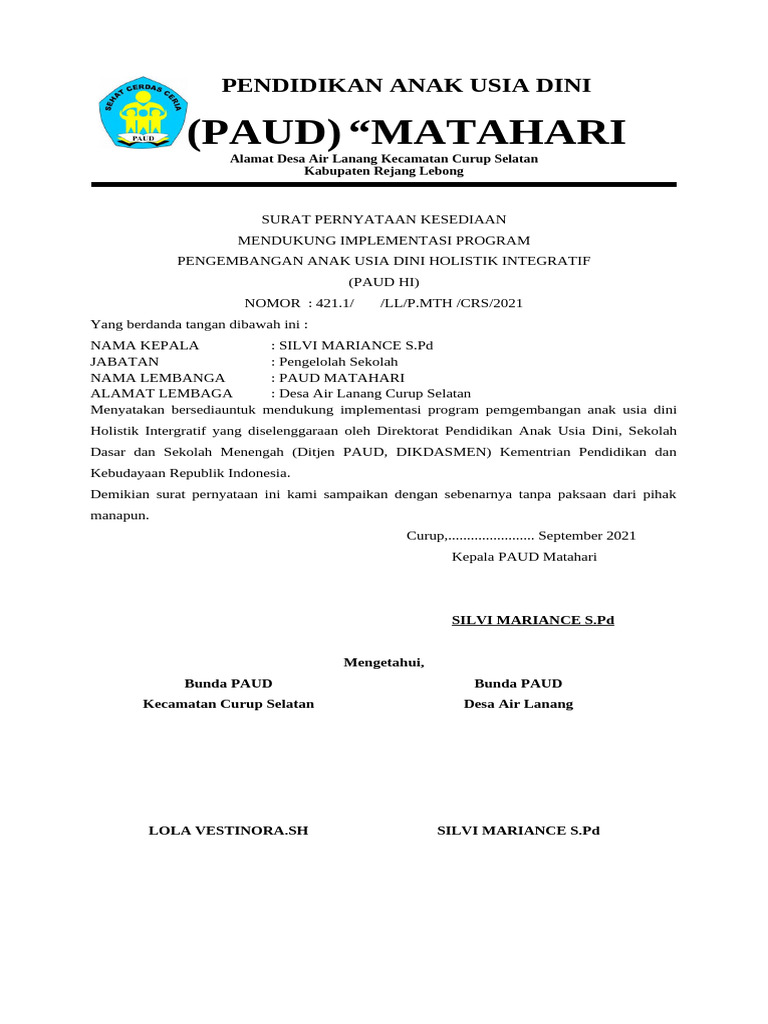Dukungan PAUD Matahari untuk Program HI | PDF