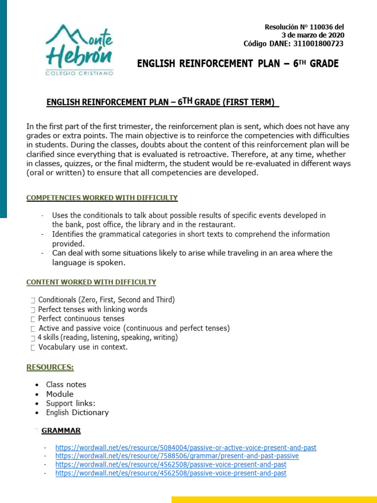Reinforcement Plan 6TH Grade - First Term - Monte Hebron | PDF | Linguistics | Grammar