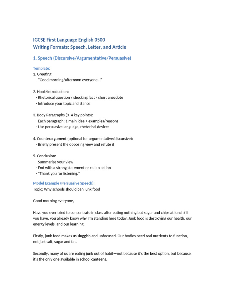 IGCSE Writing Formats Speech Letter Article | PDF