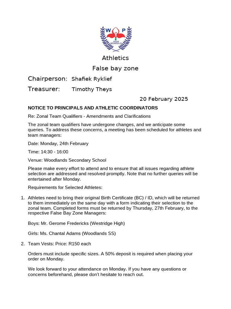 Falsebay Zone Champs of Champs Letter | PDF