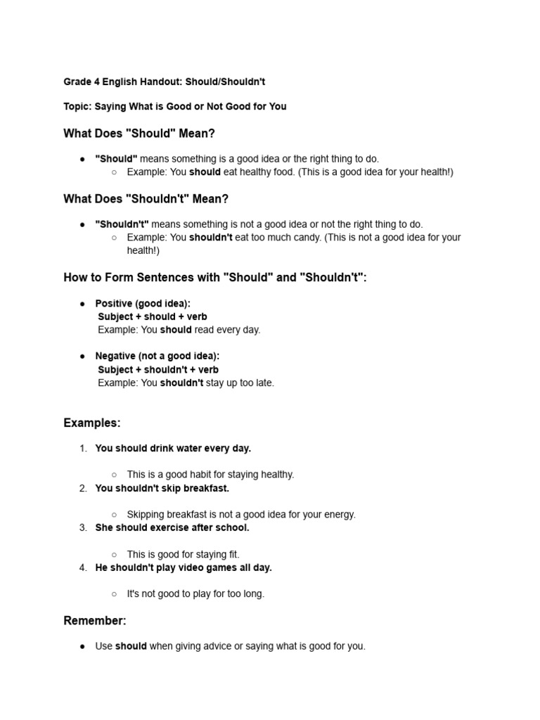 Grade 4 PP & SD1 - SHOULD - SHOULDN'T | PDF