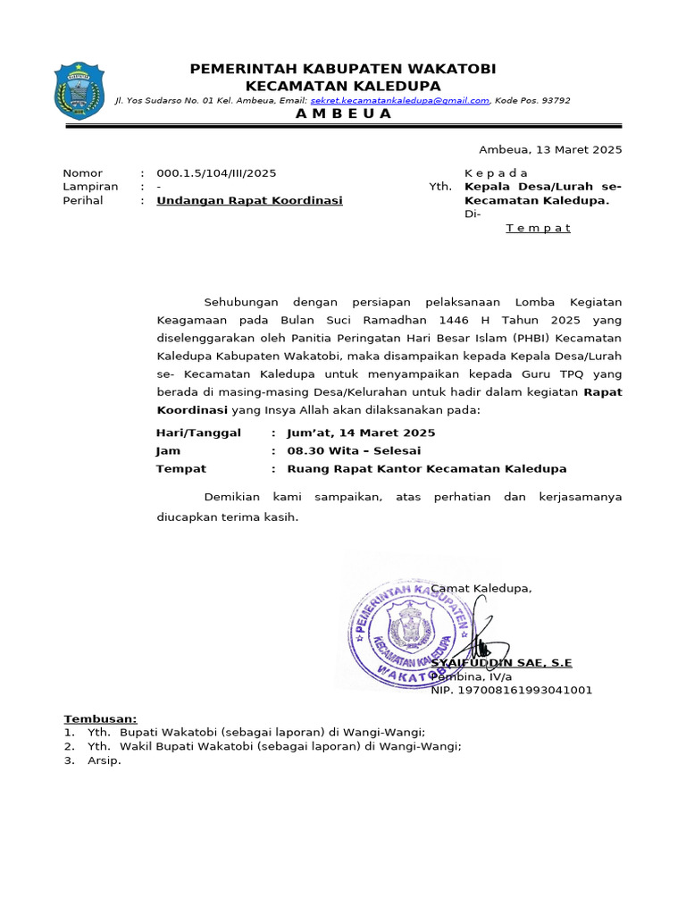 Surat No. 104_Undangan Rakor Lomba Kegiatan Keagamaan | PDF