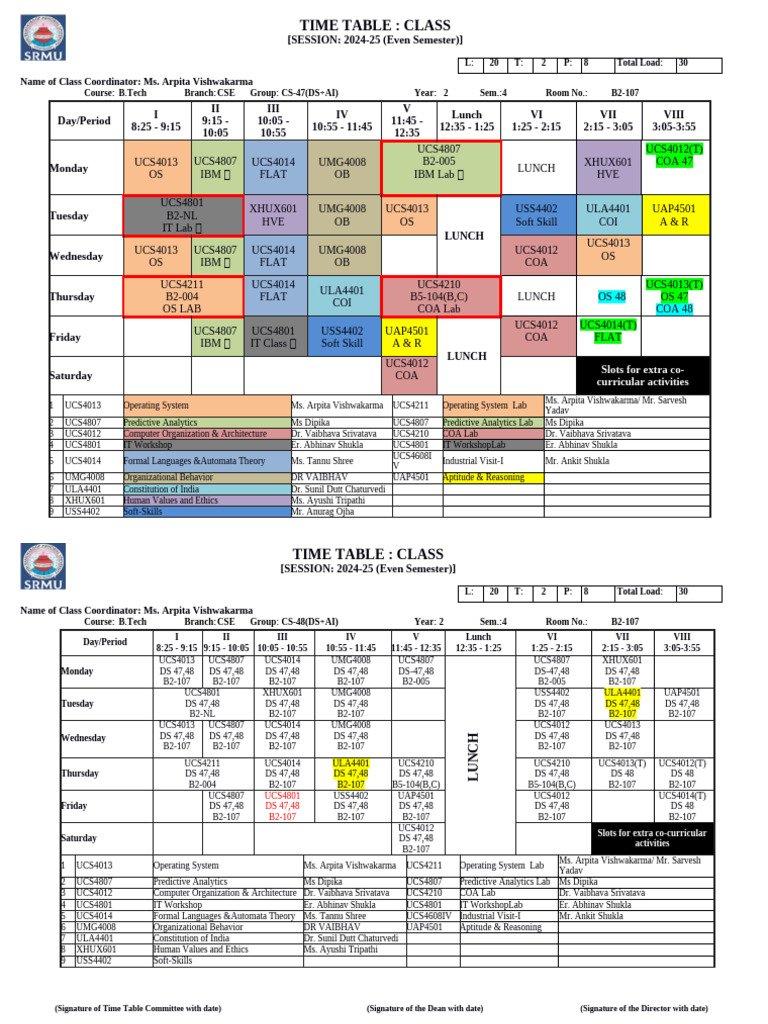 2nd YEAR Class - TIME TABLE (Shift-I) | PDF