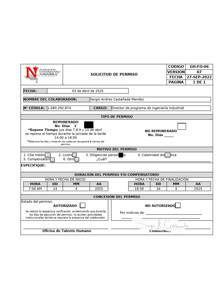 Gh-Fo-06 Solicitud de Permiso | PDF