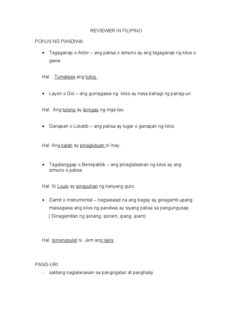 Reviewer in Filipino | PDF