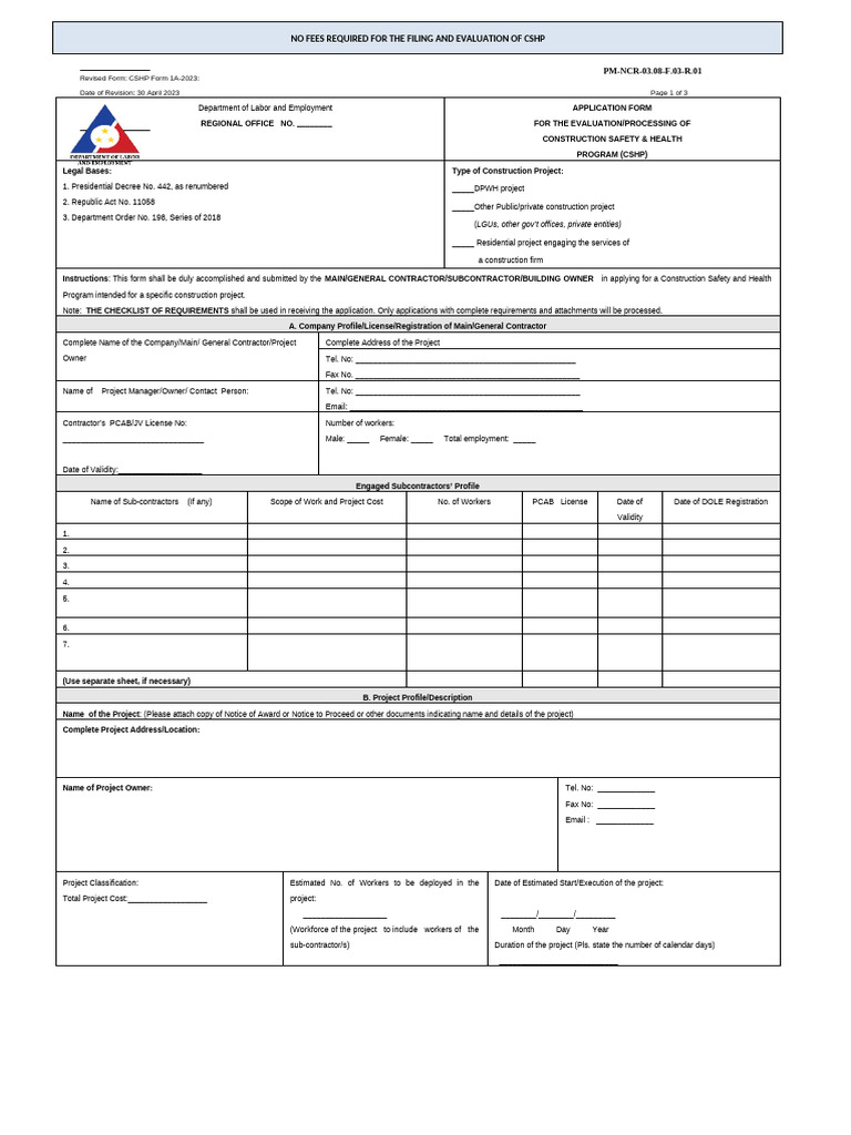 PM-NCR-03.08-F.03-R.01 - Form 1A - CSHP Application Form For CSHP | PDF | General Contractor