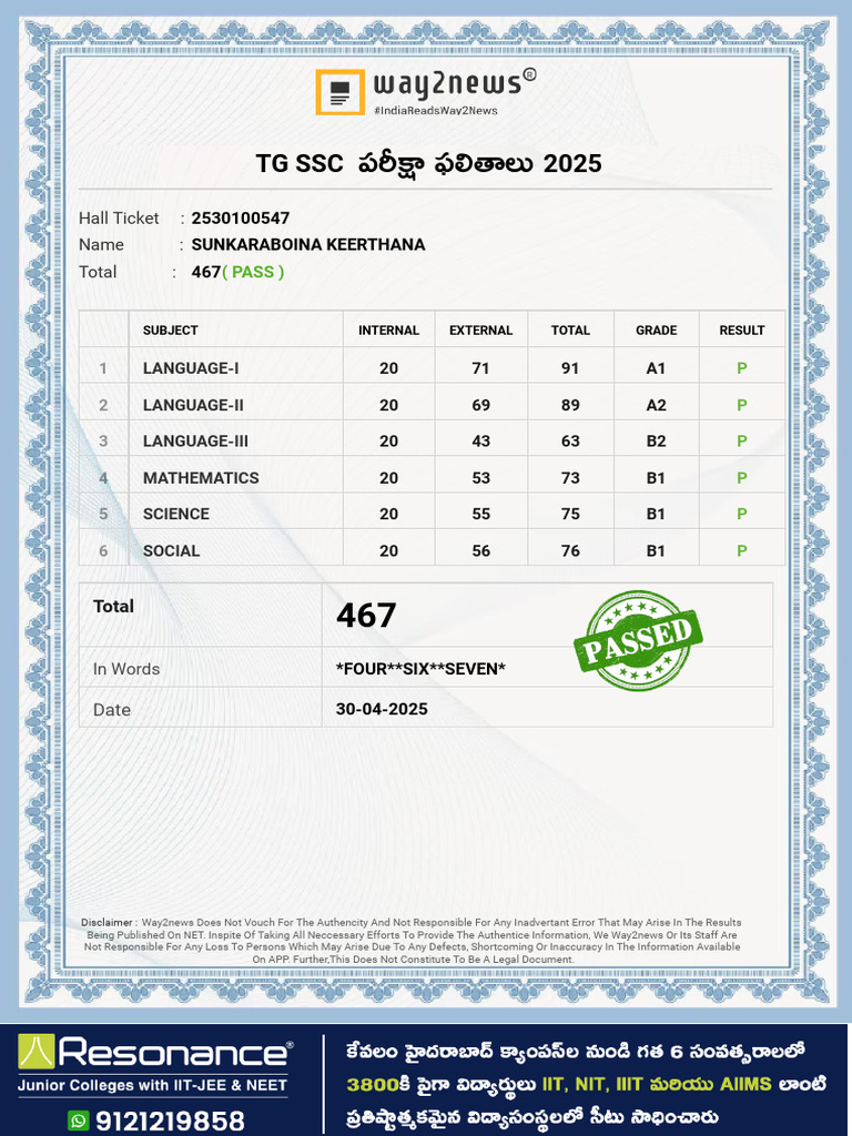 TG SSC 2025: 2530100547 Sunkaraboina Keerthana 467 | PDF