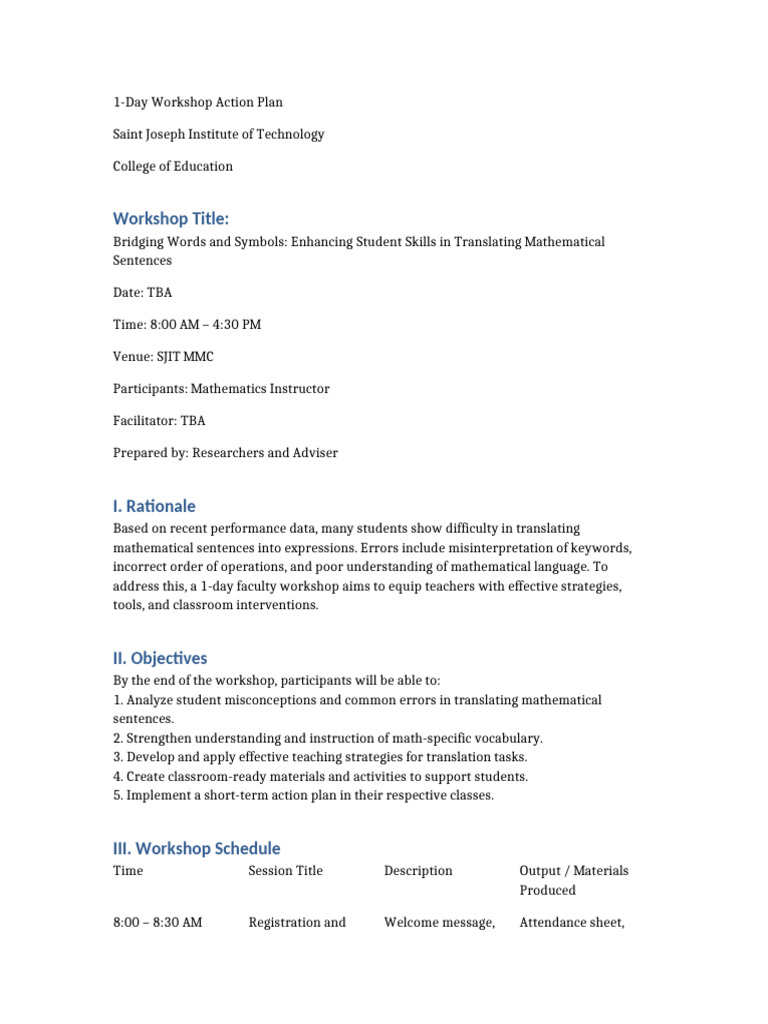 1-Day_Math_Workshop_Action_Plan | PDF | Mathematics | Learning
